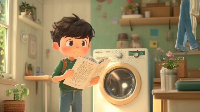 A Cartoon Boy Reading a Paper in a Kitchen Stock Illustration ...