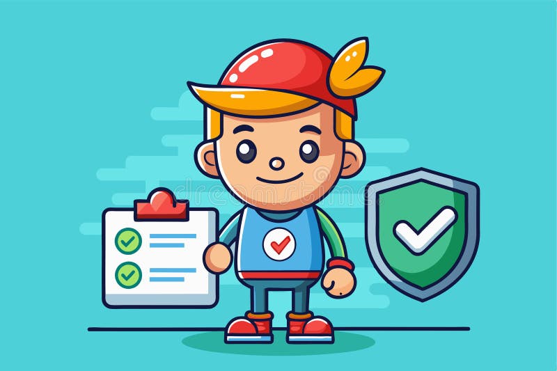 A Cartoon Boy in a Red Hat Holds a Checklist with Checkmarks and a ...