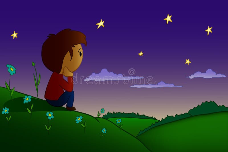 Cartoon Boy Rested in Night Field and Hill Stock Vector - Illustration ...