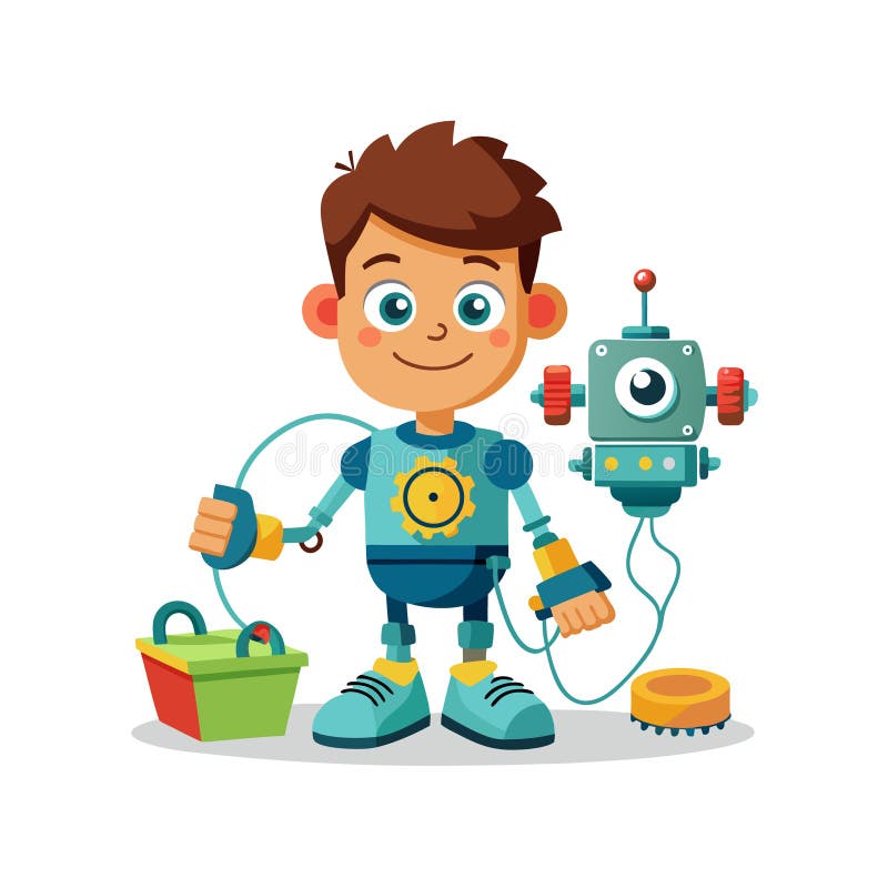 Boy and Robot Cartoon Illustration, Robotics, STEM Education, Future ...