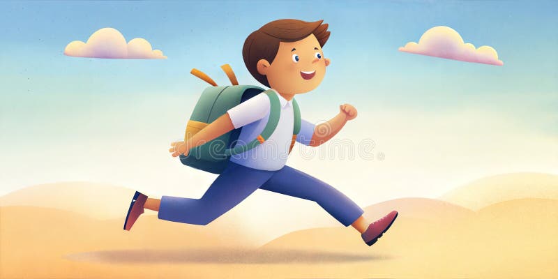 A Cartoon Boy is Running with a Backpack on. the Boy is Smiling and he ...