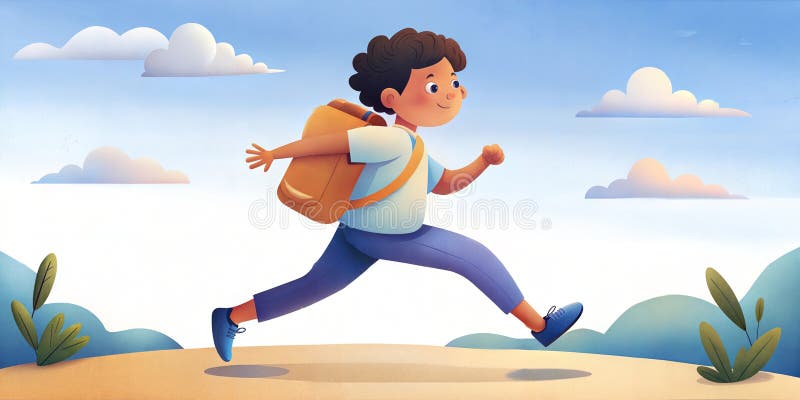 A Cartoon Boy is Running with a Backpack on. the Boy is Smiling and he ...