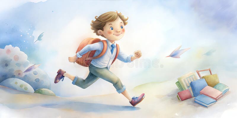 A Cartoon Boy is Running with a Backpack on. the Boy is Smiling and he ...