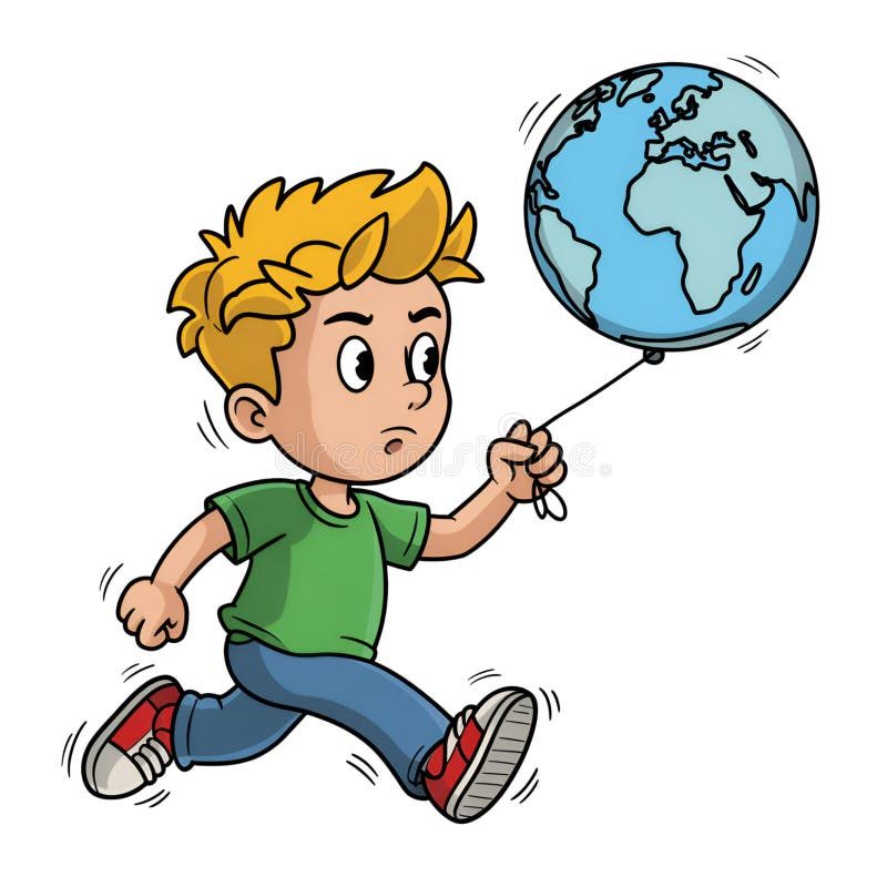 Cartoon Boy Running with a Globe Balloon, Illustration of a Child ...