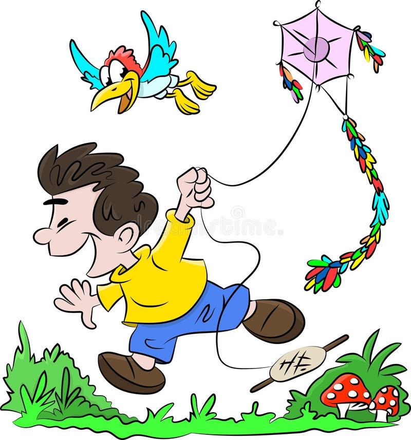 Cartoon Boy Running Happily and Flying a Kite Vector Illustration Stock ...