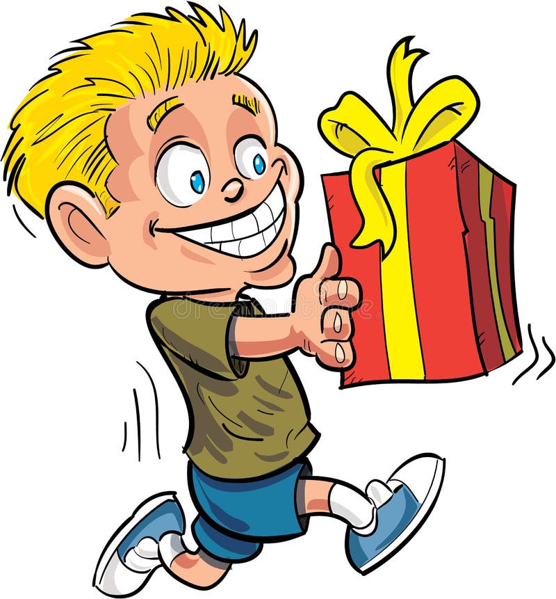 Cartoon Boy Running with a Wrapped Gift. Stock Illustration ...