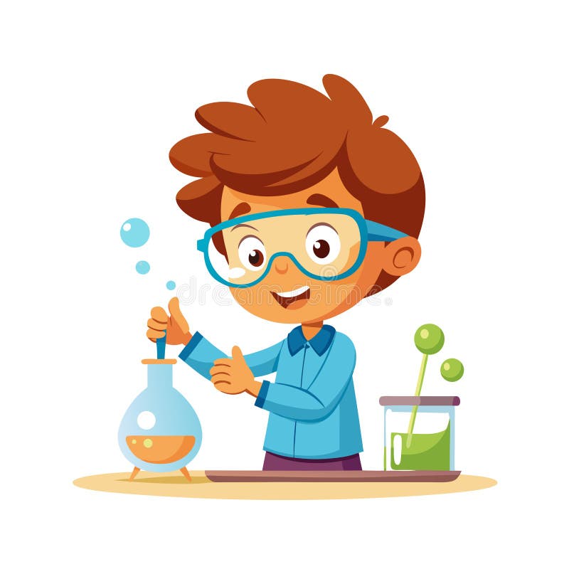 Cartoon Boy Scientist Doing Science Experiment with Beakers and Flasks ...