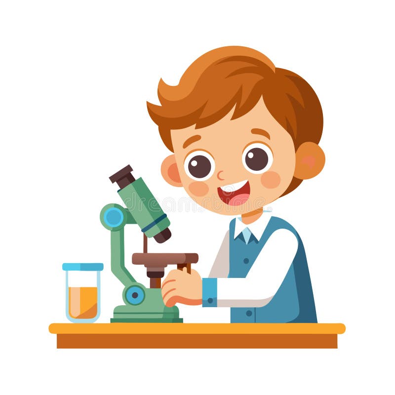 Cartoon Boy Scientist Studying Science with Microscope and Beaker on ...