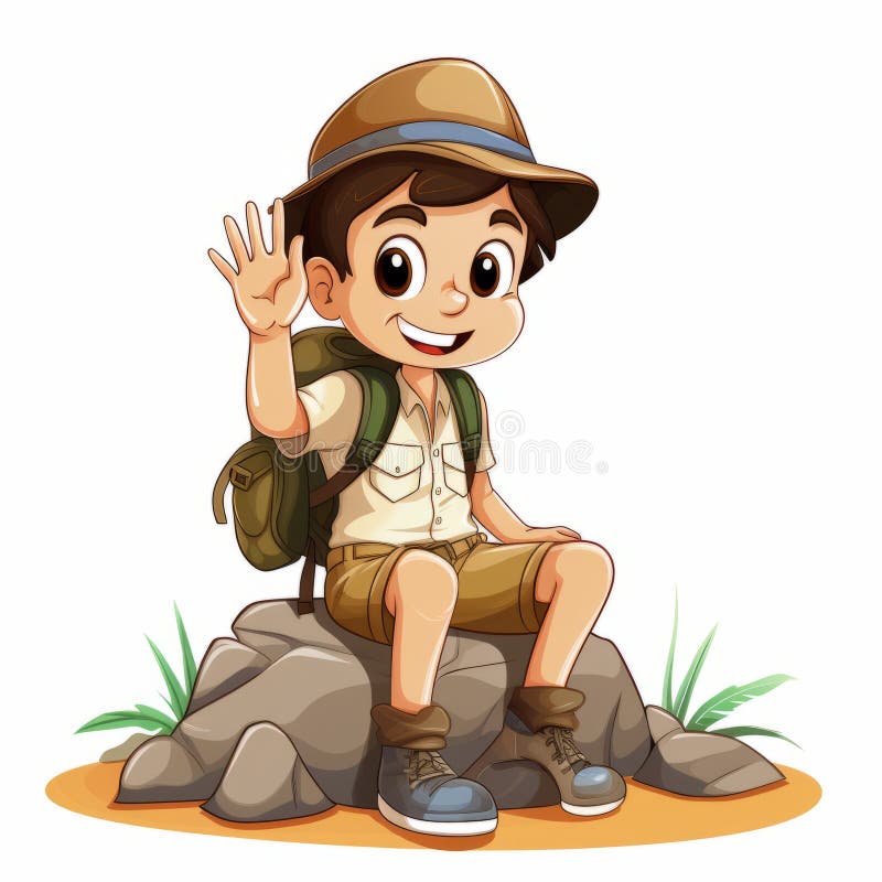 Cartoon Boy Scout Sit on the Rock Waving Hand, Vector Illustration ...