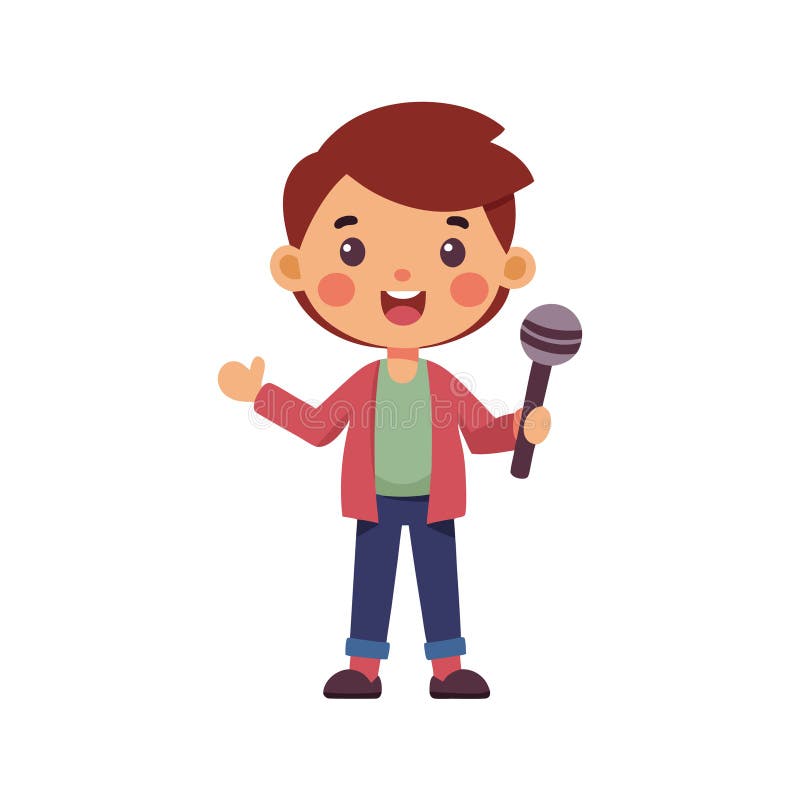 Cartoon Boy Singing or Speaking into a Microphone with Cheerful ...