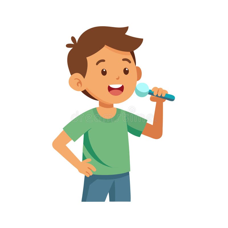 Cartoon Boy Singing or Speaking into a Microphone with Cheerful ...