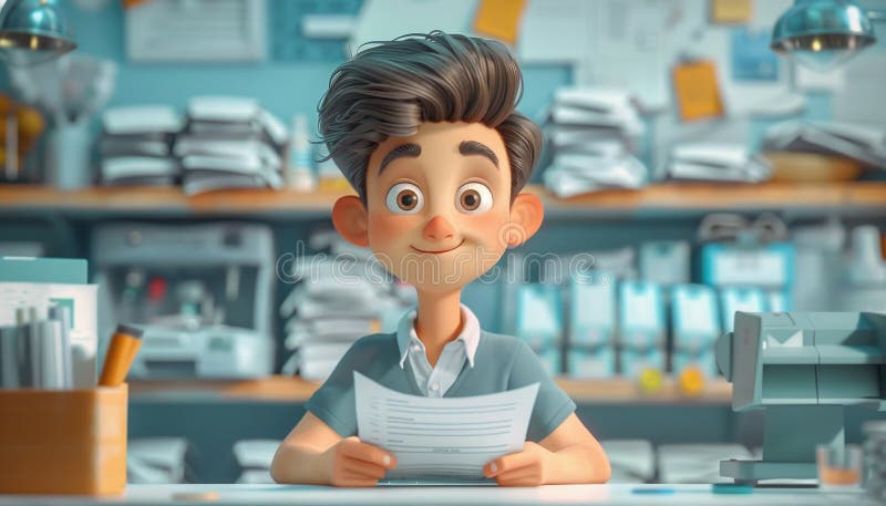A Cartoon Boy is Sitting at a Desk with a Piece of Paper in Front of ...