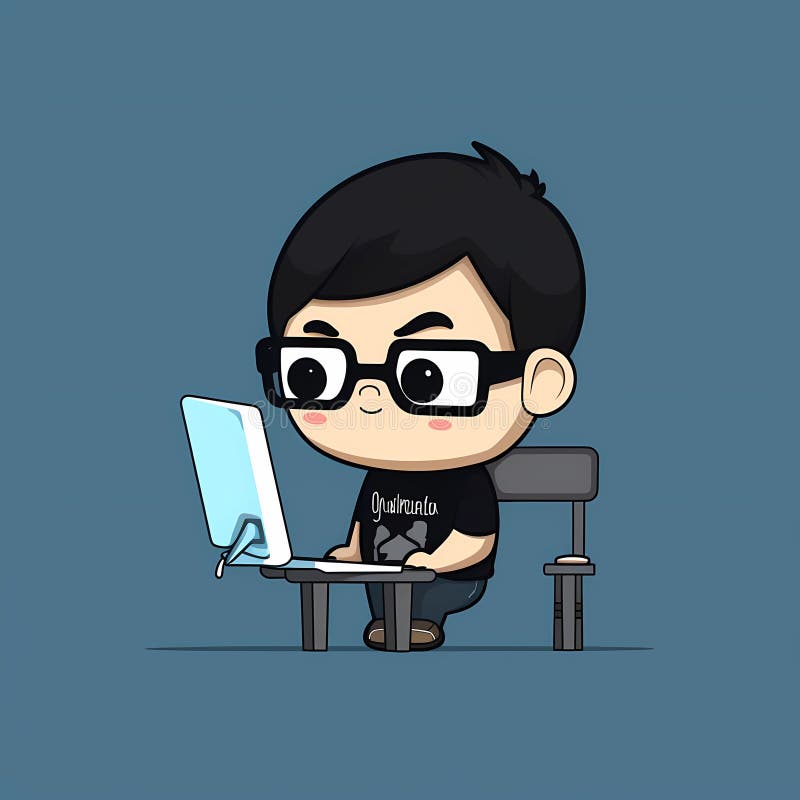 A Cartoon Boy is Sitting at a Desk and Working on a Computer. AI ...