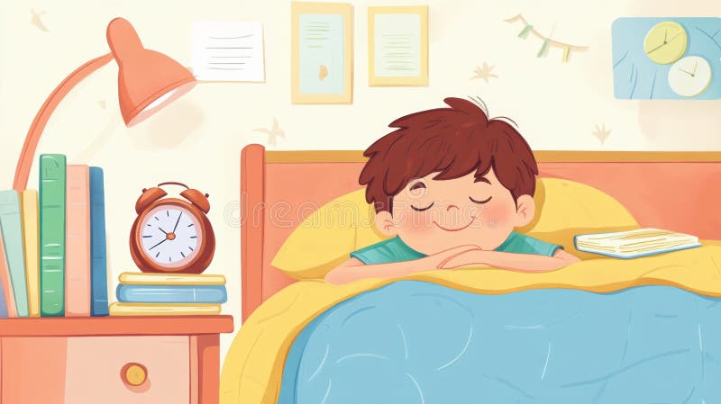 A Cartoon Boy Sleeping in Bed with a Clock and Book, AI Stock Image ...