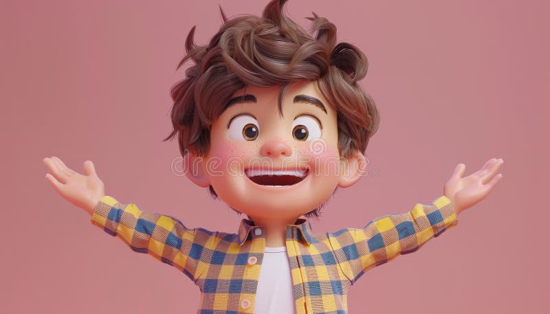 A Cartoon Boy with a Smile on His Face and His Hands Raised in the Air ...