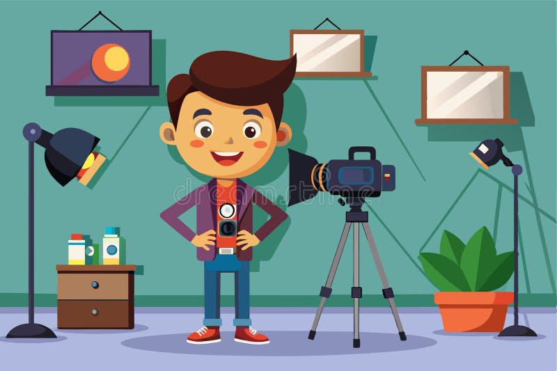 A Cartoon Boy Stands in a Studio Setting, Holding a Camera, Studio ...