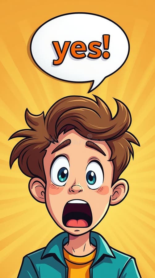Comic Style Surprised Boy with Speech Bubble Saying Yes Stock ...