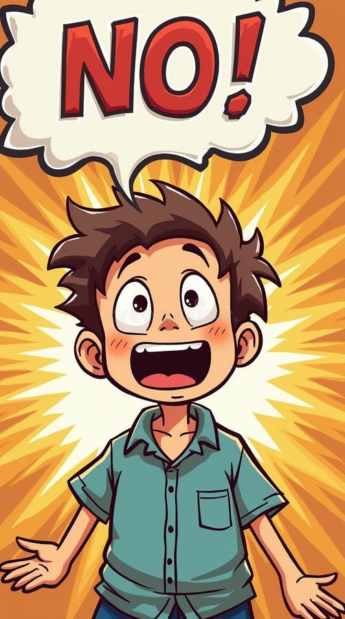 Comic Style Surprised Boy with Speech Bubble Saying No Stock ...