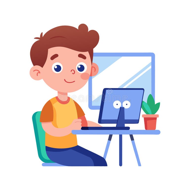 Cartoon Boy Using Computer, Online Education, Learning, Homeschooling ...
