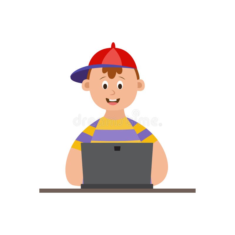 Cartoon Boy Using Laptop and Smiling - Online School Pupil Stock Vector ...