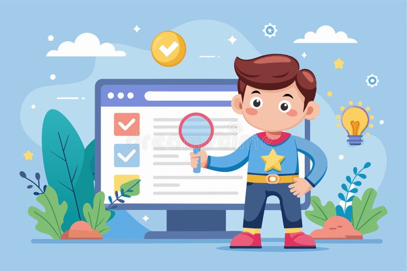 Cartoon Boy Using a Magnifying Glass To Search on a Computer with Check ...