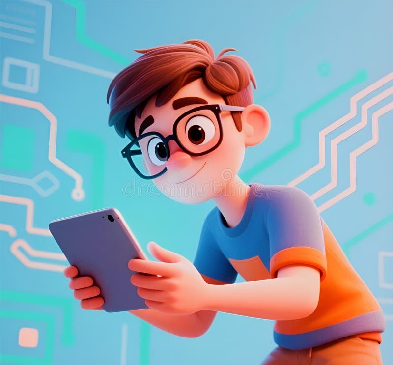 Cartoon Boy Using Tablet with Tech Icons Digital Learning Stock ...
