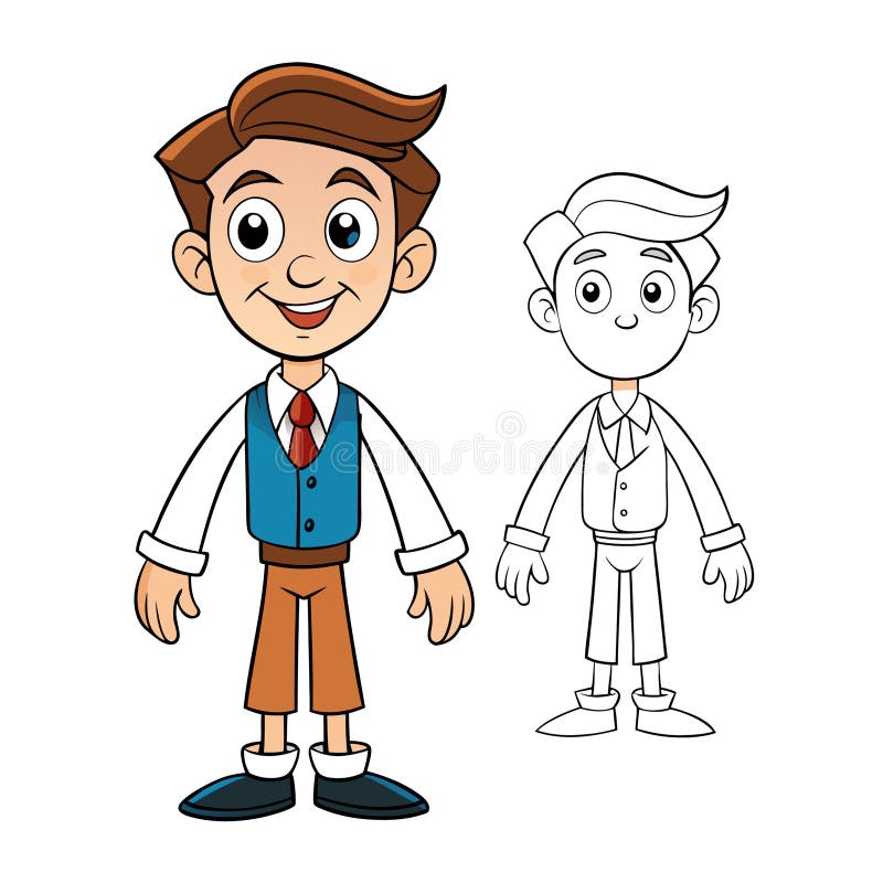 Cartoon Boy in Vest with Coloring Book Version Stock Illustration ...