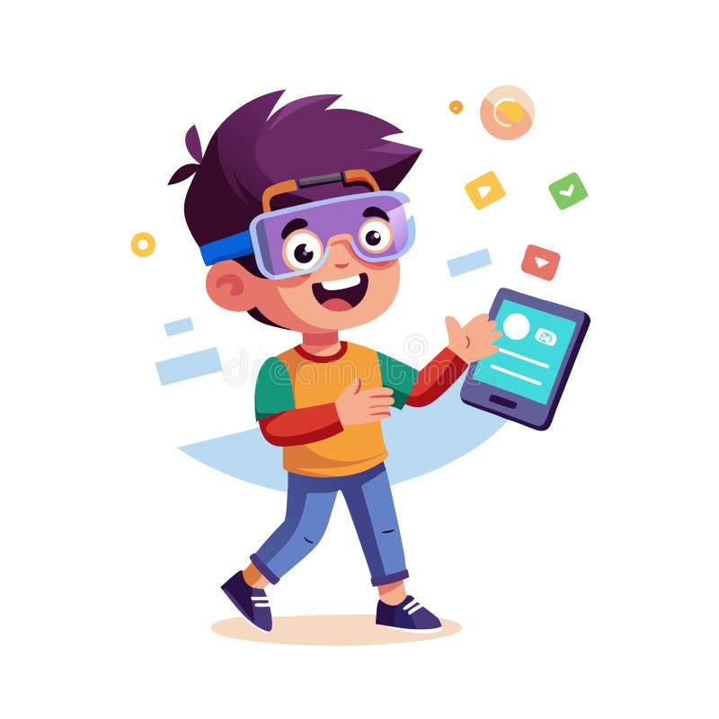 Cartoon Boy Exploring Virtual Reality with Tablet and VR Headset Stock ...
