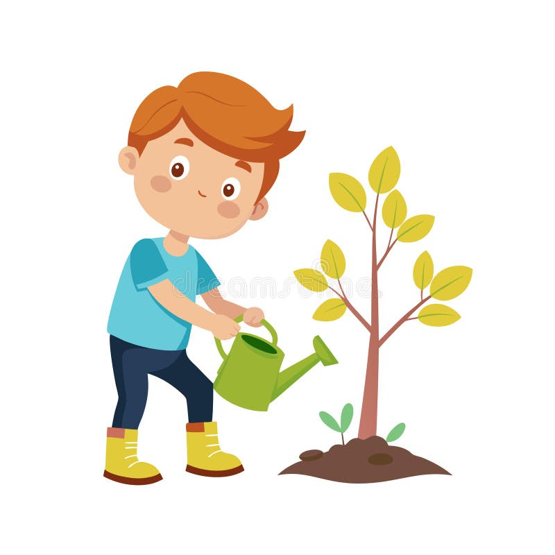 Cartoon Boy Watering a Young Tree with a Green Watering Can. Stock ...