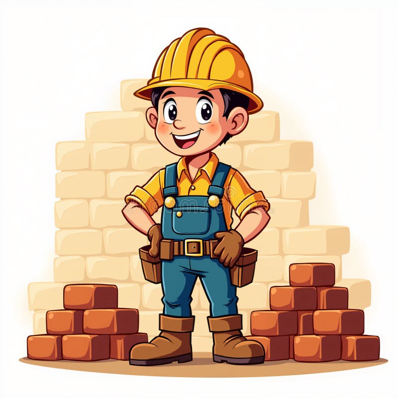 Cartoon Boy Wearing a Construction Uniform and Standing between Two ...