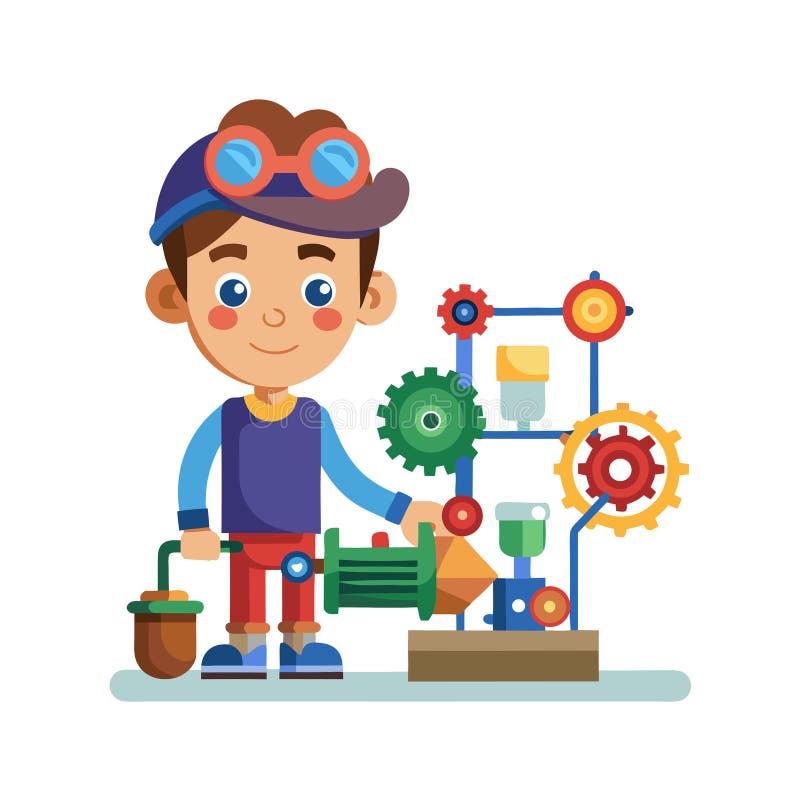 Cartoon Boy Working with Machinery: Gears, Levers, and Creative ...