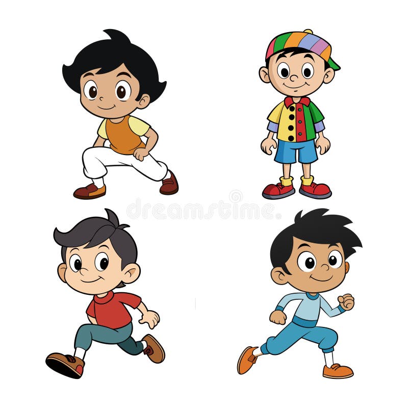 Cartoon Boys Active: Stretching, Running, and Cheerful Posing Stock ...