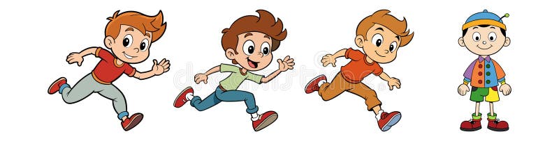 Cartoon Boys Running and Standing, Colorful Illustration Stock Vector ...