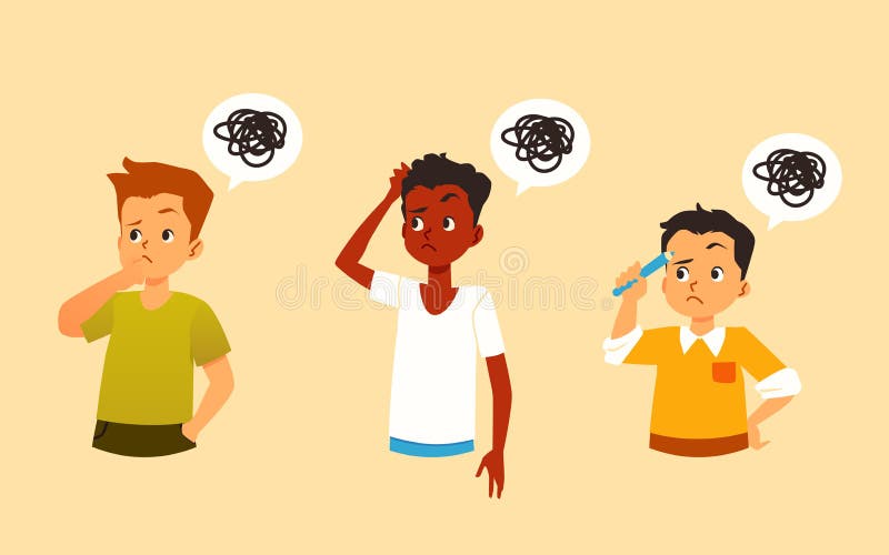 Cartoon Boys Thinking with Messy Thoughts, Flat Vector Illustration ...