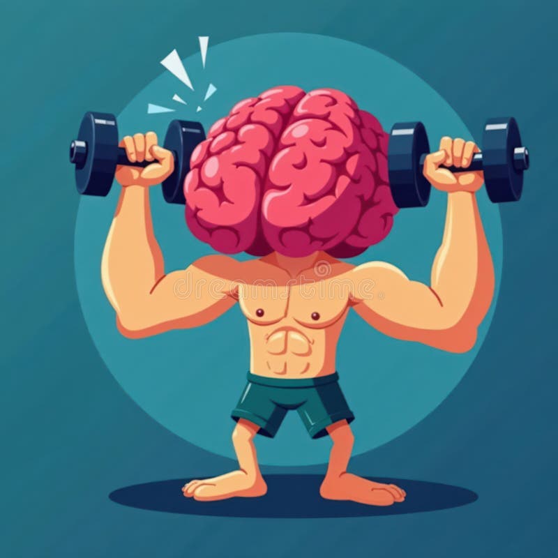 Cartoon Brain Flexing Bicep, Lifting Dumbbell , Memory, Success ...