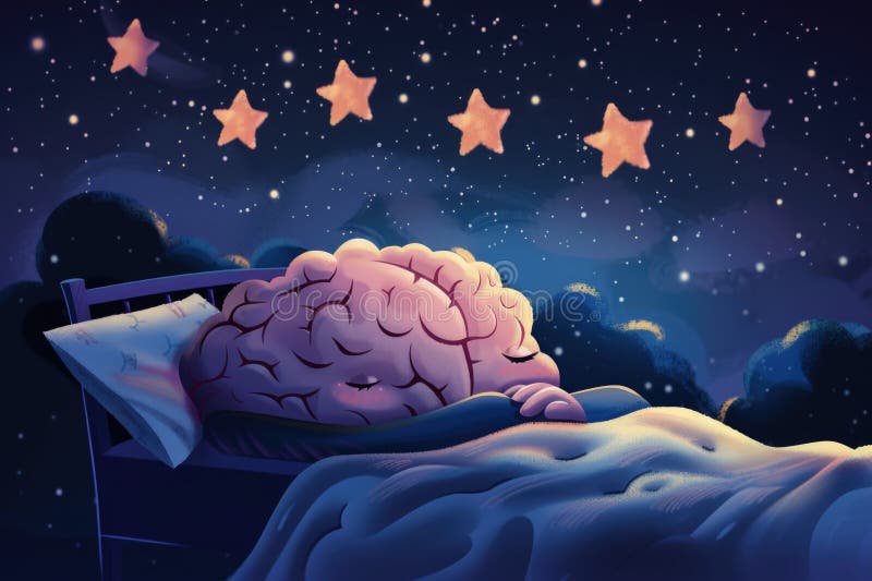 A Cartoon Brain Lying on a Bed with a Starry Night Sky Above Stock ...