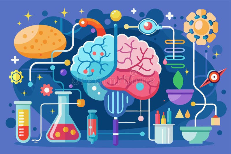 Cartoon Brain Surrounded by Various Science Equipment and Tools for ...