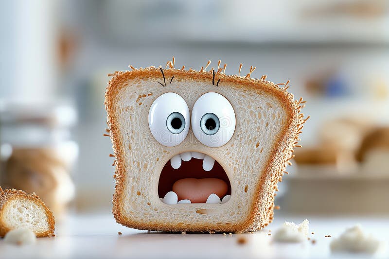 Cartoon Bread Character with Surprised Expression in Kitchen Stock ...