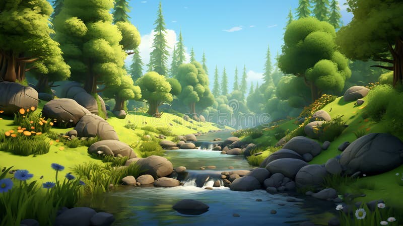 Cartoon Brook in Green Bright Summer Forest Stock Illustration ...