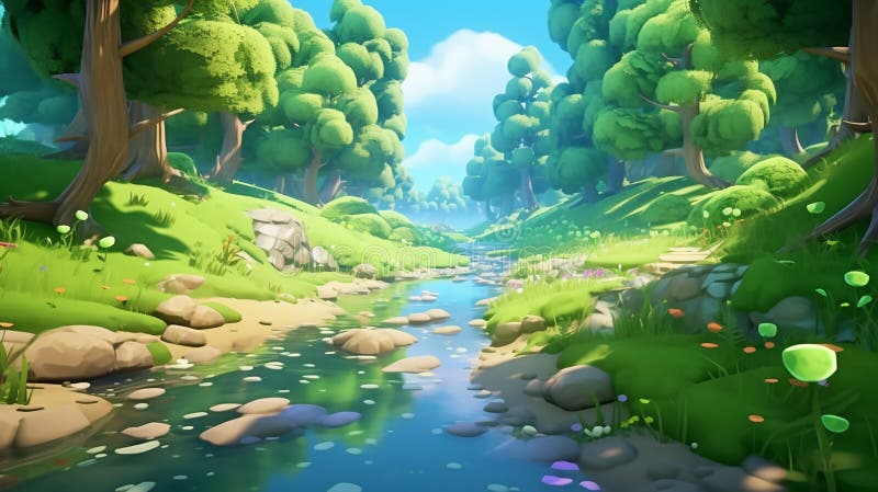 Cartoon Brook in Green Bright Summer Forest Stock Illustration ...