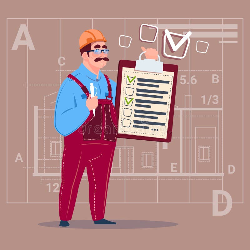 Cartoon Builder Carpenter Hold Checklist Construction Worker Over ...