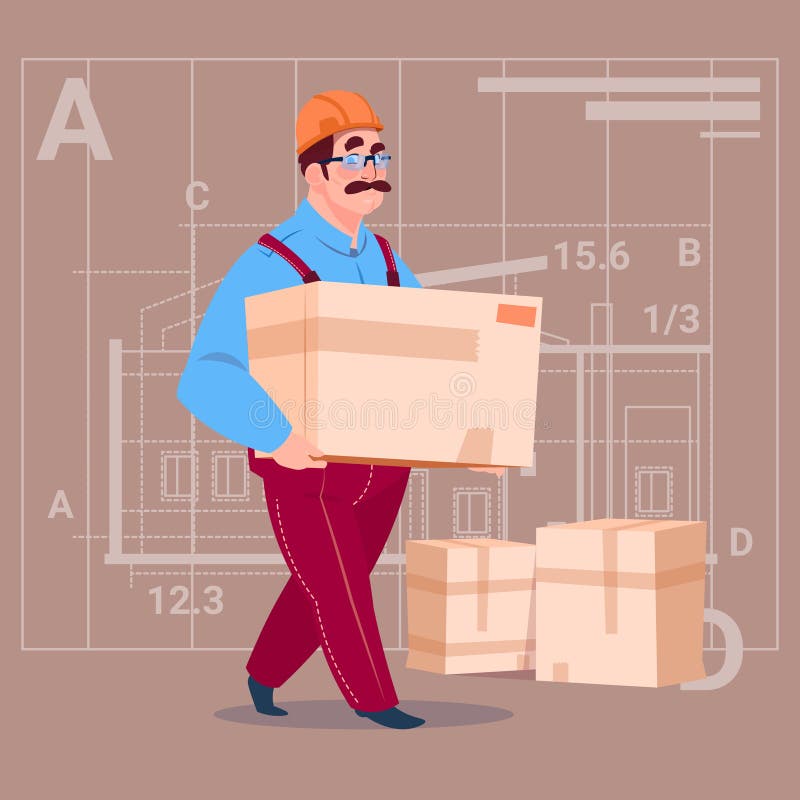Cartoon Builder Carry Box Wearing Uniform and Helmet Construction ...