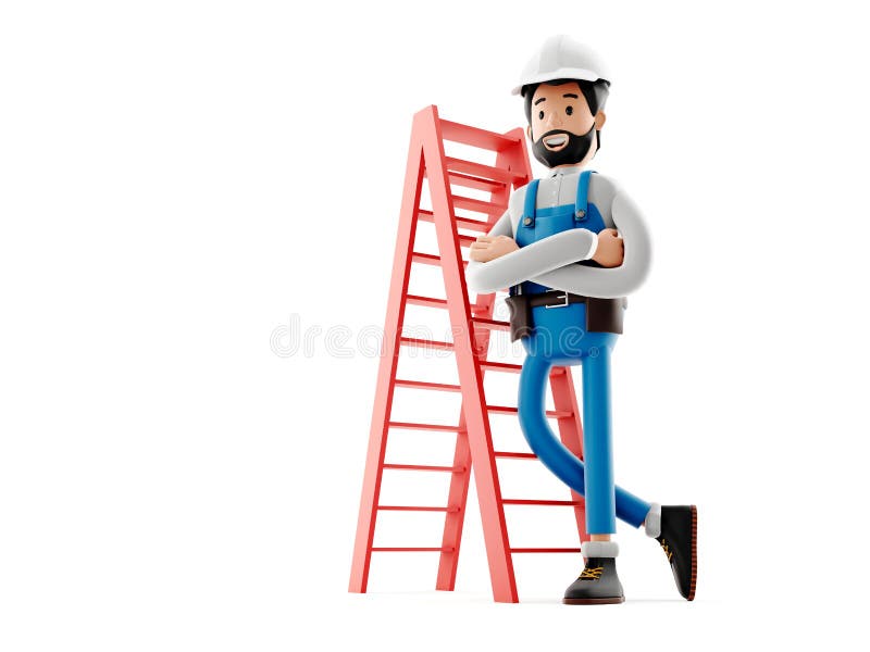 Cartoon Builder Character Guy, Funny Worker or Engineer with Ladder, 3d ...