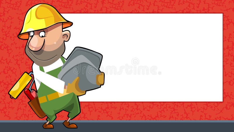 Cartoon Builder Holding Stones on the Background of a Blank Billboard ...