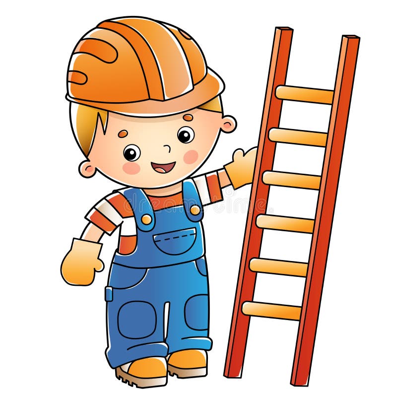 Cartoon Builder or Worker with Step Ladder. Profession Stock Vector ...