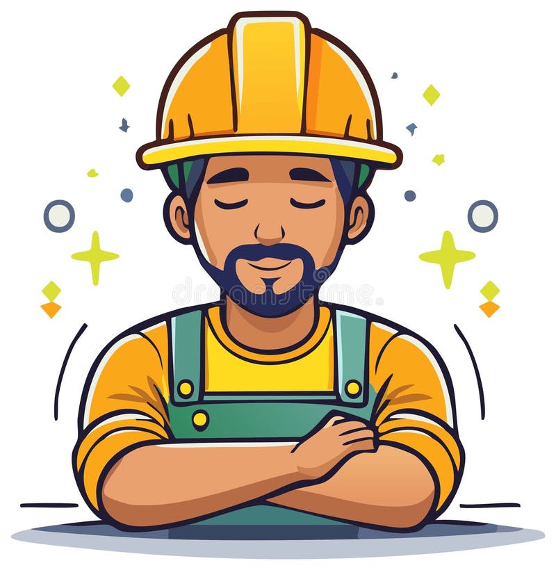 Cartoon Builder in Yellow Hard Hat with Folded Arms, Construction ...