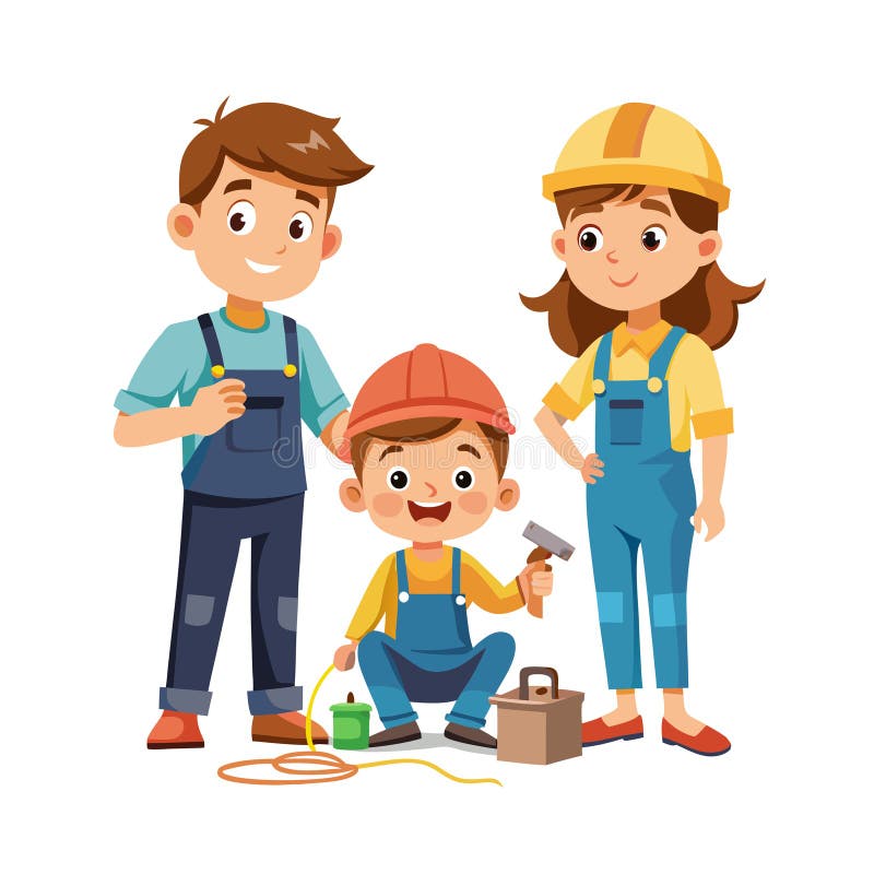 Cartoon Builders: Kids Construction Team Illustration with Tools and Hard Hats Stock Vector ...