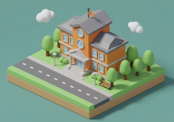 Cartoon Building on Small Isometric Plot with Trees and Clouds Stock ...