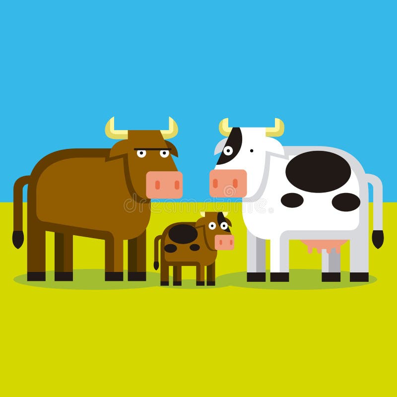 Cartoon Bull, Cow and Cald on a FIeld Stock Illustration - Illustration ...