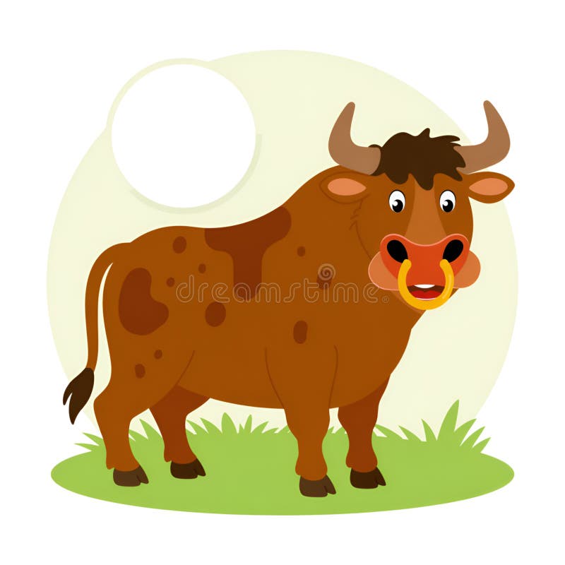 Cartoon Bull with Nose Ring Standing on Grass Against a Light Colored ...